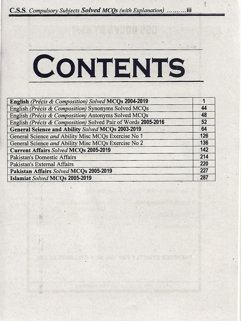 CSS Solved MCQs Table of Content - CSS Point Book Store